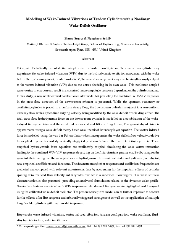 (PDF) Modelling of wake-induced vibrations of tandem cylinders with a ...