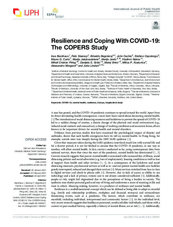 (PDF) Resilience and Coping With COVID-19: The COPERS Study