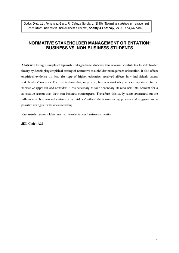 (PDF) Normative stakeholder management orientation: Business vs. non ...