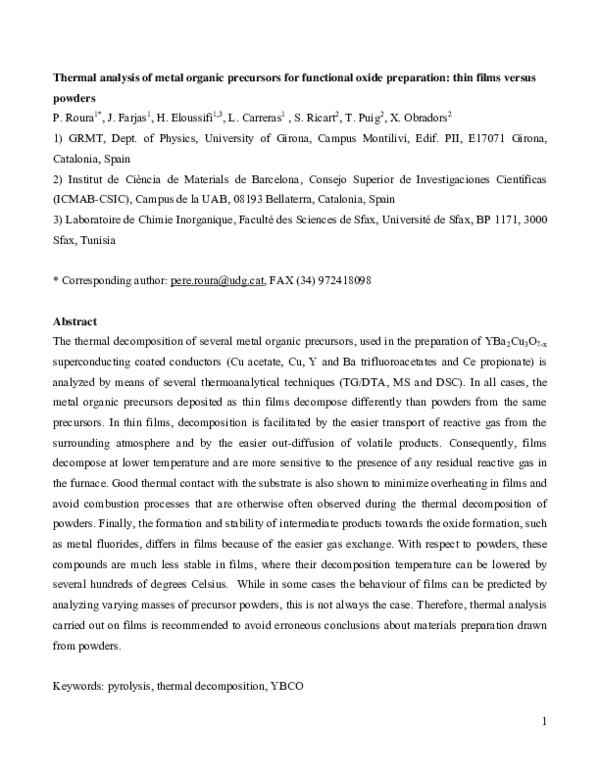 (PDF) Thermal analysis of metal organic precursors for functional oxide ...