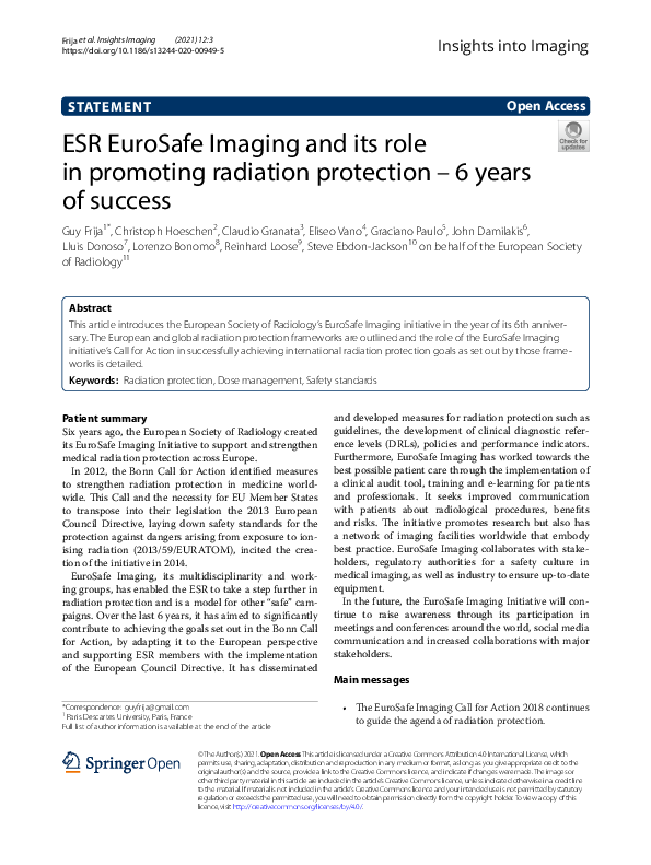 (PDF) ESR EuroSafe Imaging and its role in promoting radiation protection – 6 years of success