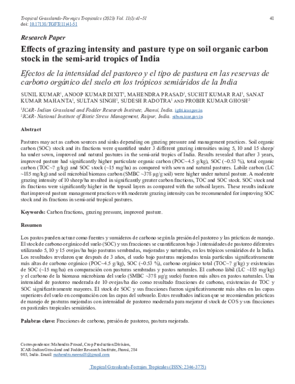 (PDF) Effects of grazing intensity and pasture type on soil organic carbon stock in the semi ...