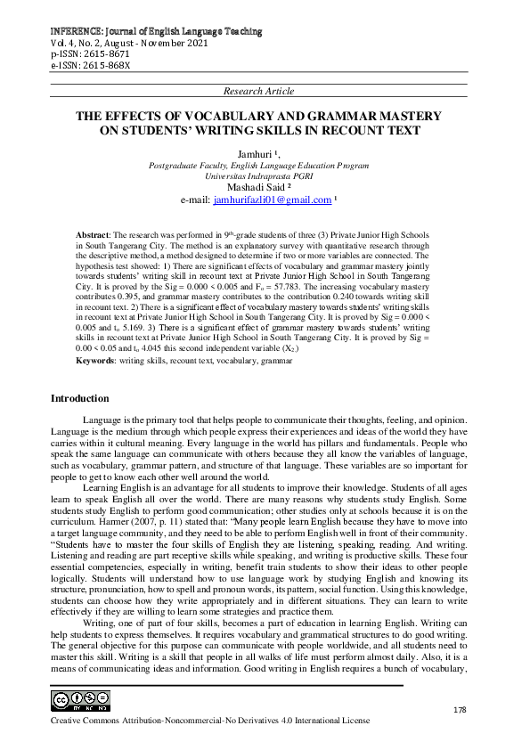 (PDF) The Effects of Vocabulary and Grammar Mastery on Students ...