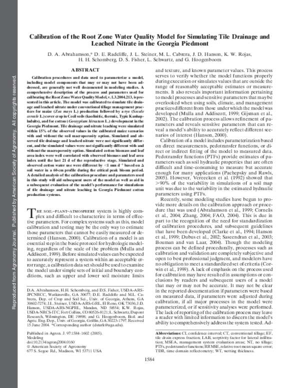 (PDF) Calibration of the Root Zone Water Quality Model for Simulating Tile Drainage and Leached ...