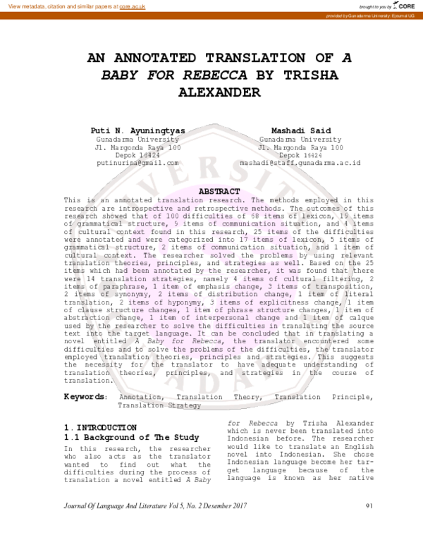 (PDF) An Annotated Translation of a Baby for Rebecca by Trisha Alexander