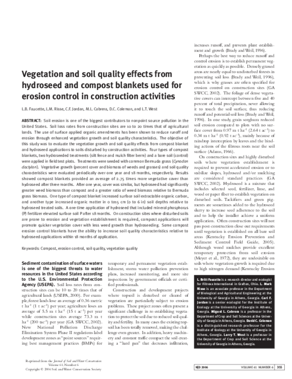 (PDF) Vegetation and soil quality effects from hydroseed and compost blankets used for erosion ...