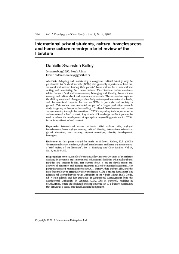 (PDF) International school students, cultural homelessness and home ...