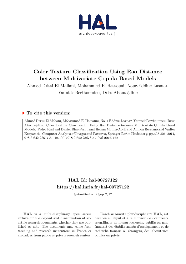 Pdf Color Texture Classification Using Rao Distance Between