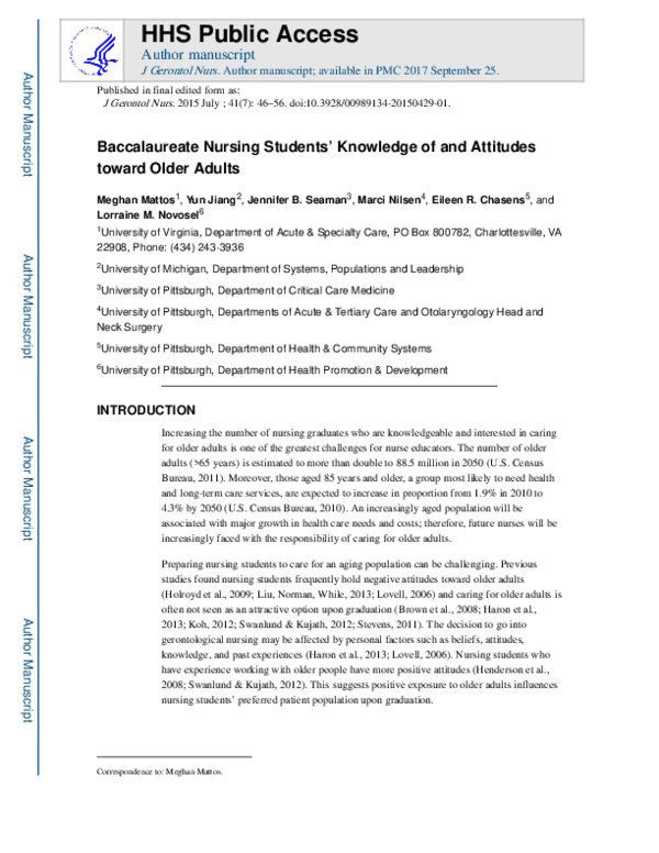 (PDF) Baccalaureate Nursing Students’ Knowledge of and Attitudes Toward Older Adults