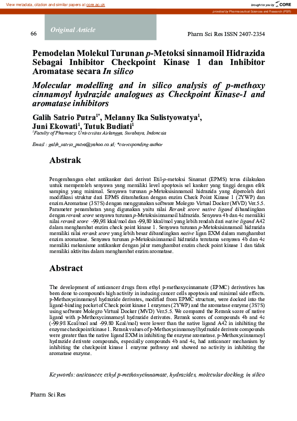 (PDF) Pemodelan Molekul Turunan p-Metoksi sinnamoil Hidrazida Sebagai ...