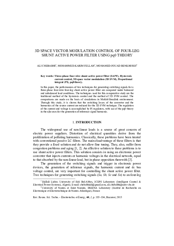 Pdf D Space Vector Modulation Control Of Four Leg Shunt Active Power Filter Using Pq 0 Theory
