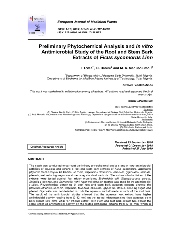 (PDF) Phytochemical Screening and Antimicrobial Activity of Ficus sycomorus Extracts of the Stem ...