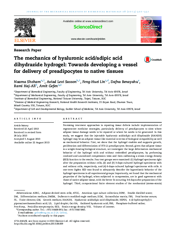 (PDF) The mechanics of hyaluronic acid/adipic acid dihydrazide hydrogel ...