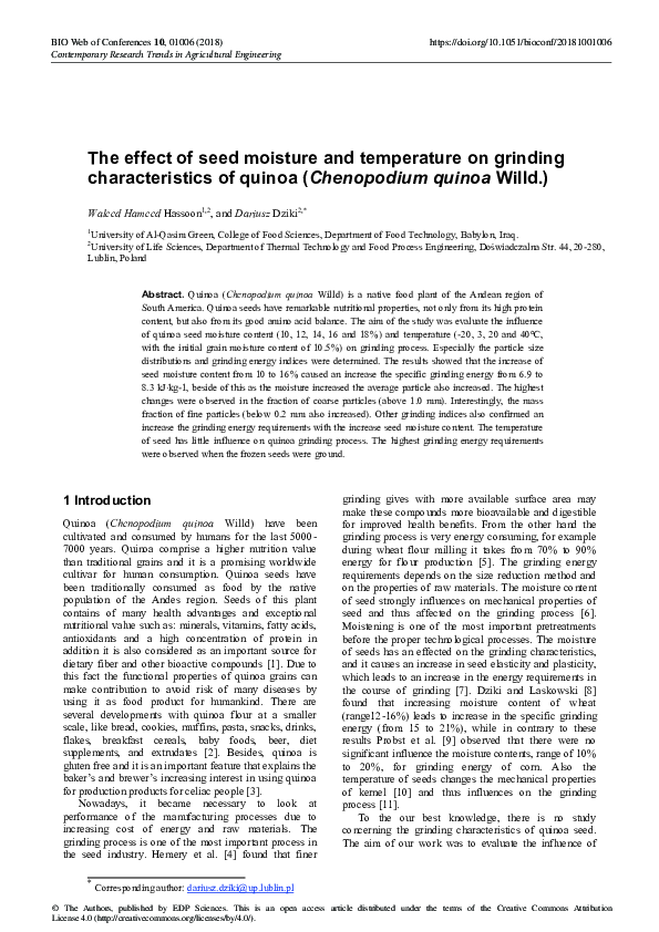 (PDF) The effect of seed moisture and temperature on grinding characteristics of quinoa ...