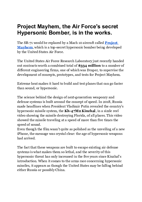 (DOC) Project Mayhem, the Air Force's secret Hypersonic Bomber, is in ...