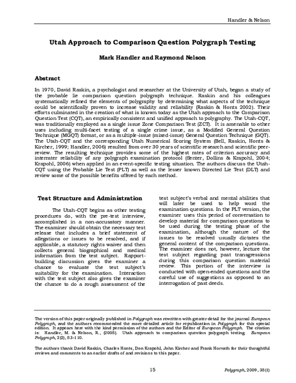 (PDF) Utah Approach to Comparison Question Polygraph Testing