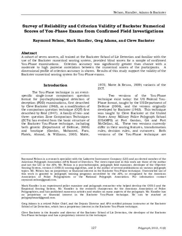 (PDF) Survey of Reliability and Criterion Validity of Backster Numerical Scores of You-Phase ...