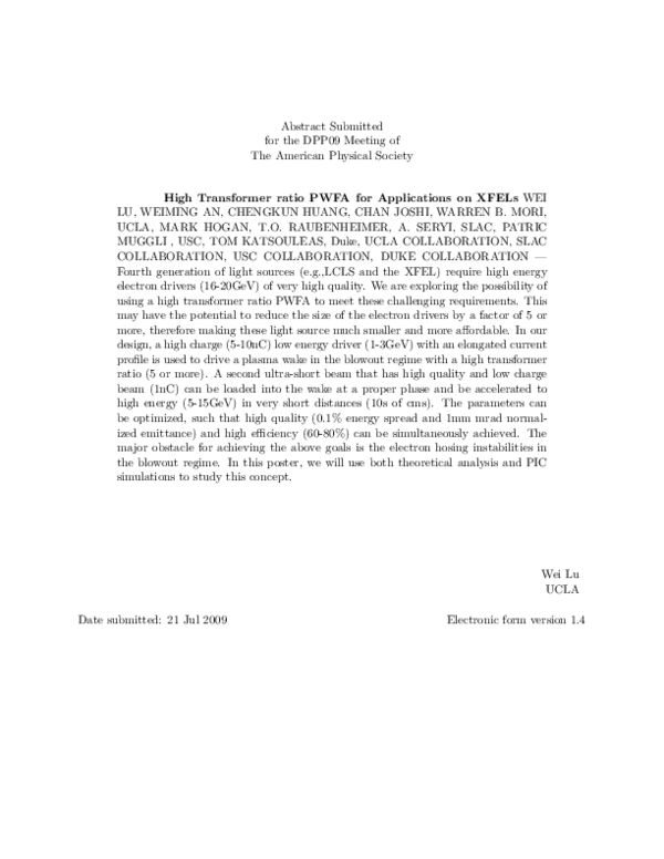 (PDF) High Transformer ratio PWFA for Applications on XFELs