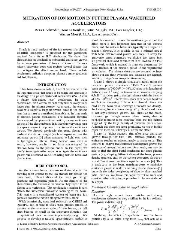 (PDF) Mitigation of ion motion in future plasma wakefield accelerators