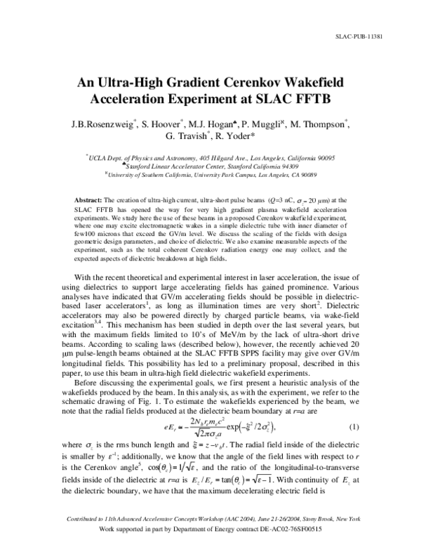 (PDF) An Ultra-High Gradient Cerenkov Wakefield Acceleration Experiment at SLAC FFTB