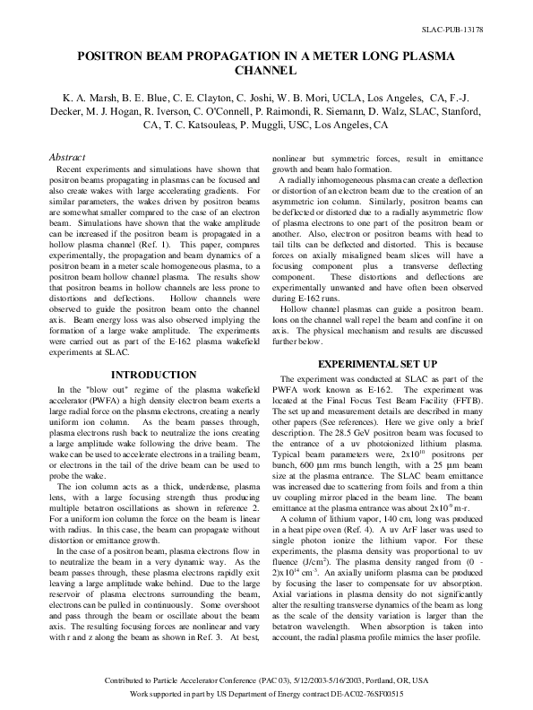 (PDF) Positron beam propagation in a meter long plasma channel