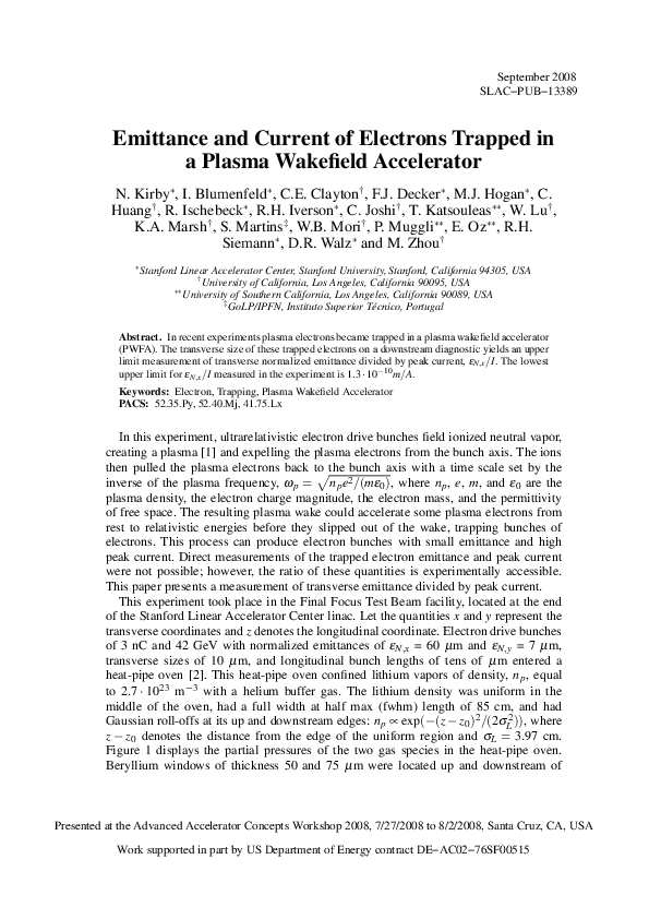 (PDF) Emittance and Current of Electrons Trapped in a Plasma Wakefield Accelerator