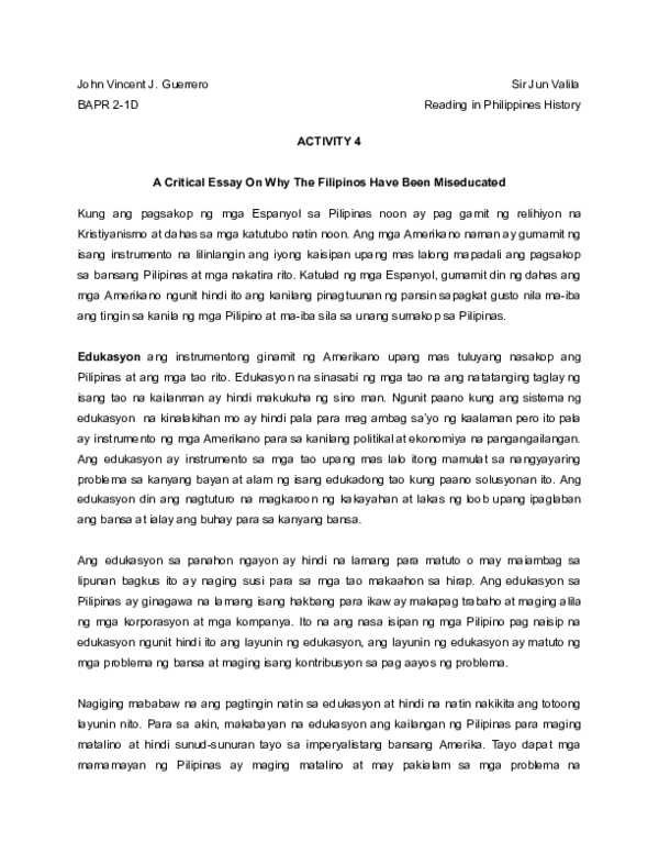 (PDF) Isang Kritikal na Sanaysay hango sa The Miseducation of the ...