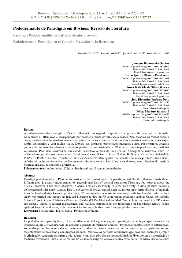 (PDF) Pododermatite de Paradígito em Bovinos: Revisão de literatura