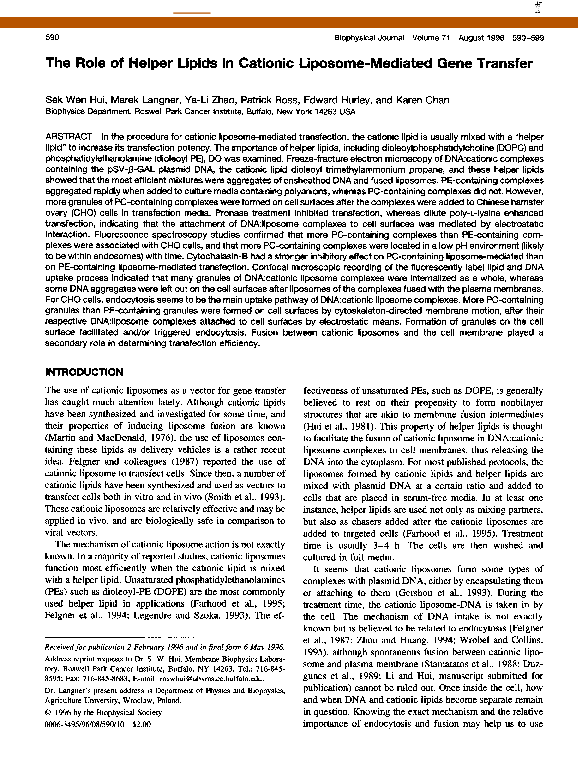 (PDF) The role of helper lipids in cationic liposome-mediated gene transfer
