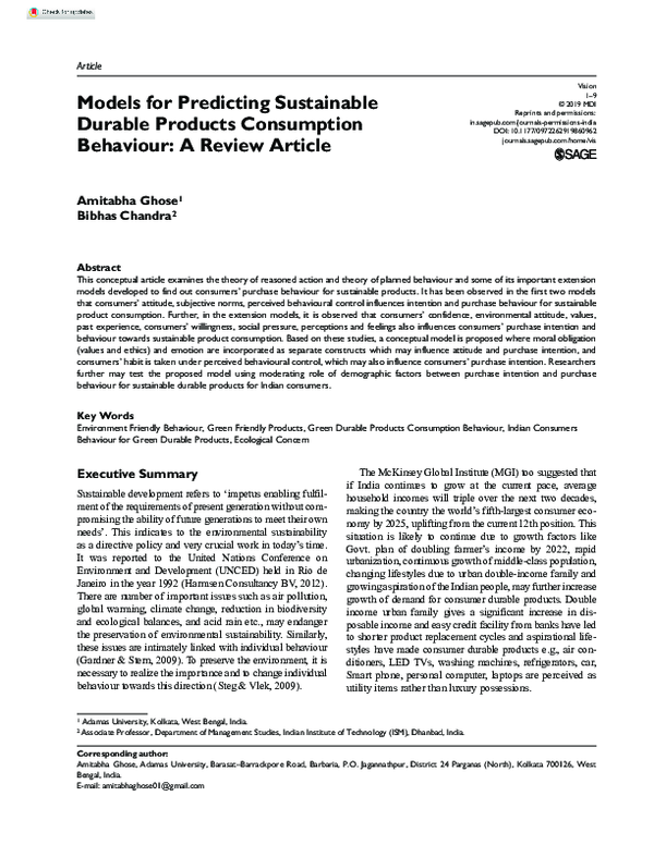 (PDF) Models for Predicting Sustainable Durable Products Consumption Behaviour: A Review Article