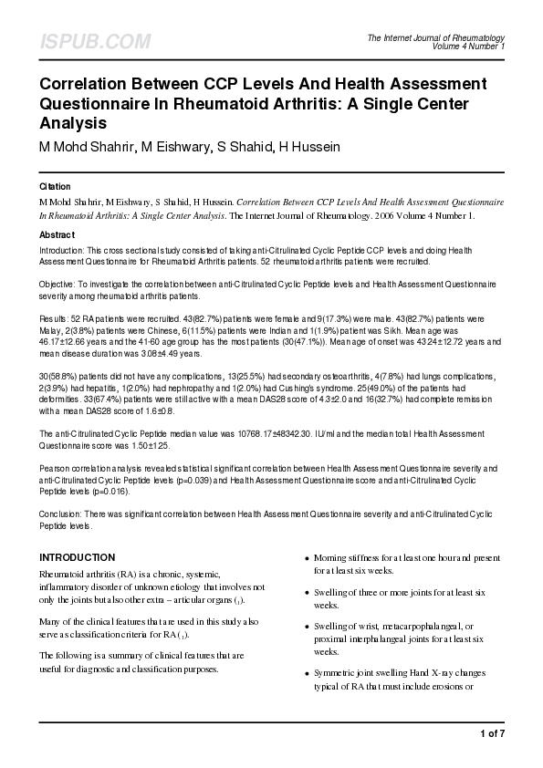 (PDF) Correlation Between CCP Levels And Health Assessment ...