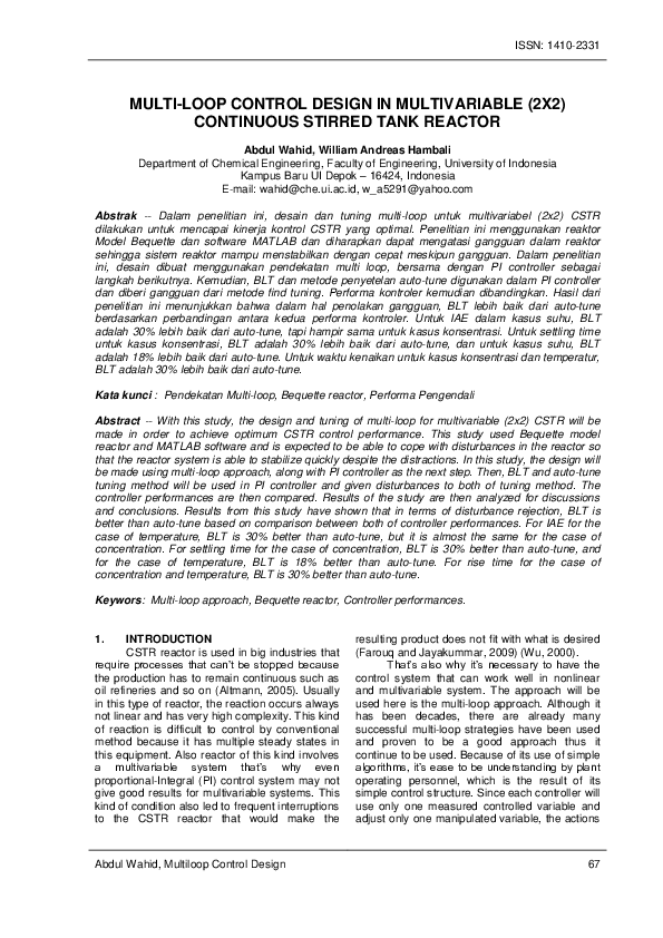 Pdf Multi Loop Control Design In Multivariable 2x2 Continuous Stirred Tank Reactor