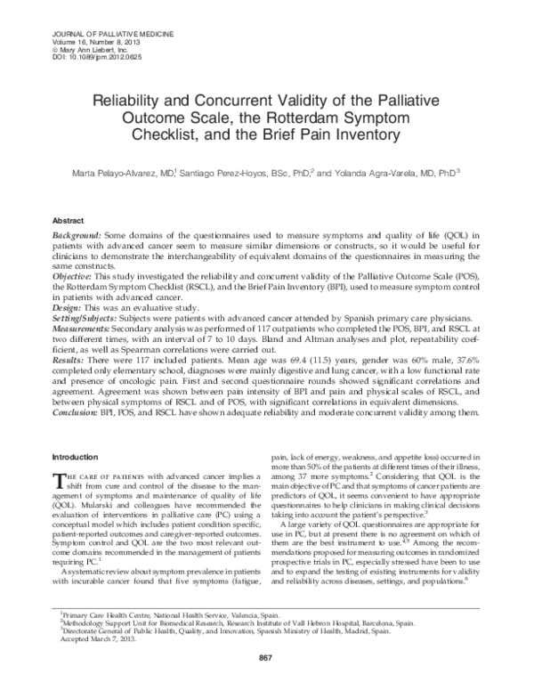 (PDF) Reliability and Concurrent Validity of the Palliative Outcome Scale, the Rotterdam Symptom ...