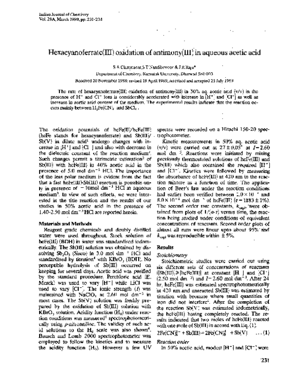 Pdf Hexacyanoferrate Iii Oxidation Of Antimony Iii In Aqueous Acetic Acid