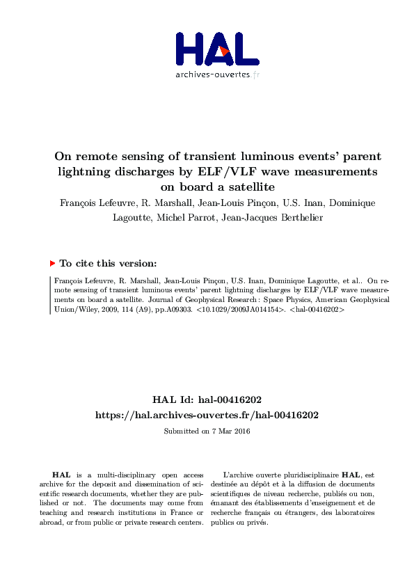 (PDF) On remote sensing of transient luminous events' parent lightning ...