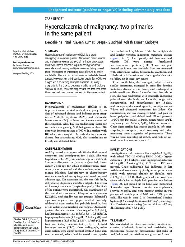 (PDF) Hypercalcaemia of malignancy: two primaries in the same patient