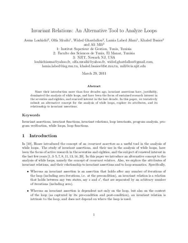 (PDF) Invariant Relations: An Alternative Tool to Analyze Loops