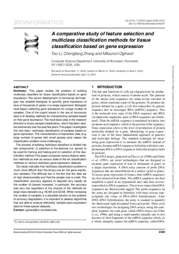 (PDF) A comparative study of feature selection and multiclass classification methods for tissue ...