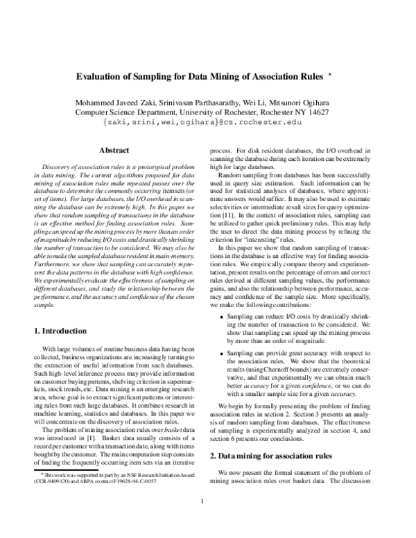 (PDF) Evaluation of sampling for data mining of association rules