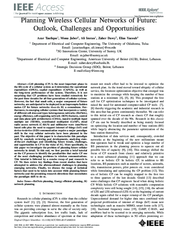 (PDF) Planning Wireless Cellular Networks of Future: Outlook, Challenges and Opportunities