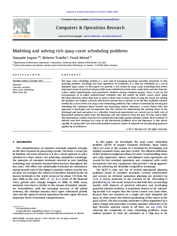 Pdf Optimizing Quay Crane Scheduling With Models