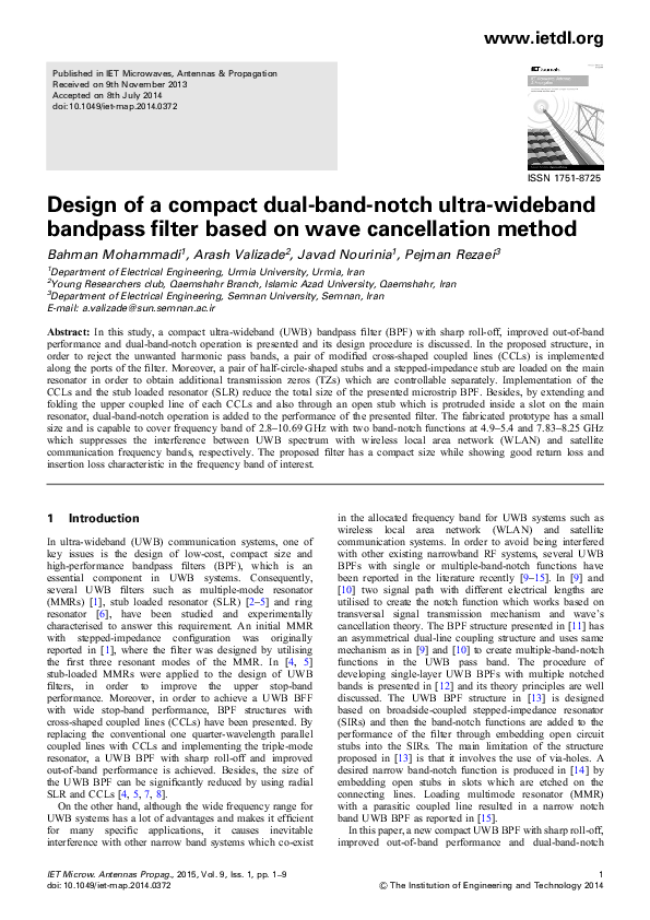(PDF) Design of a compact dual‐band‐notch ultra‐wideband bandpass filter based on wave ...