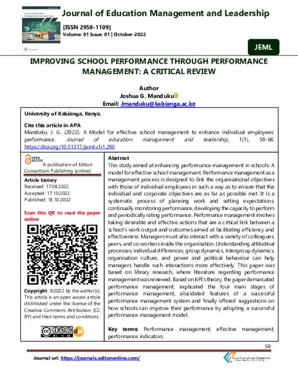 (PDF) Improving school performance through performance management: A ...