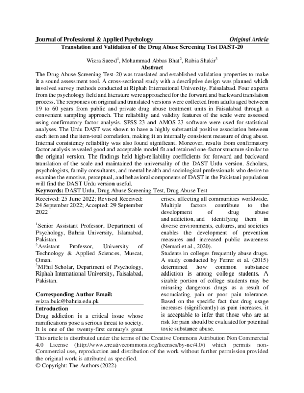 (PDF) Translation and Validation of the Drug Abuse Screening Test DAST-20