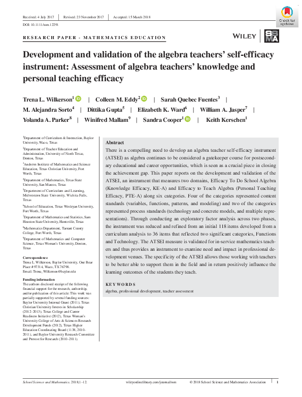 (PDF) Development and validation of the algebra teachers’ self-efficacy instrument: Assessment ...