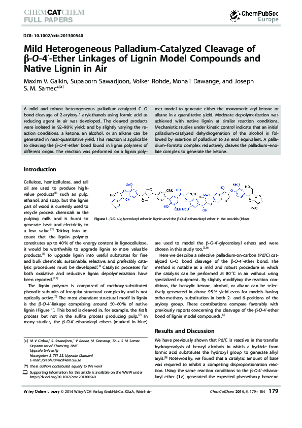 (PDF) Mild Heterogeneous Palladium-Catalyzed Cleavage of β-O-4′-Ether Linkages of Lignin Model ...