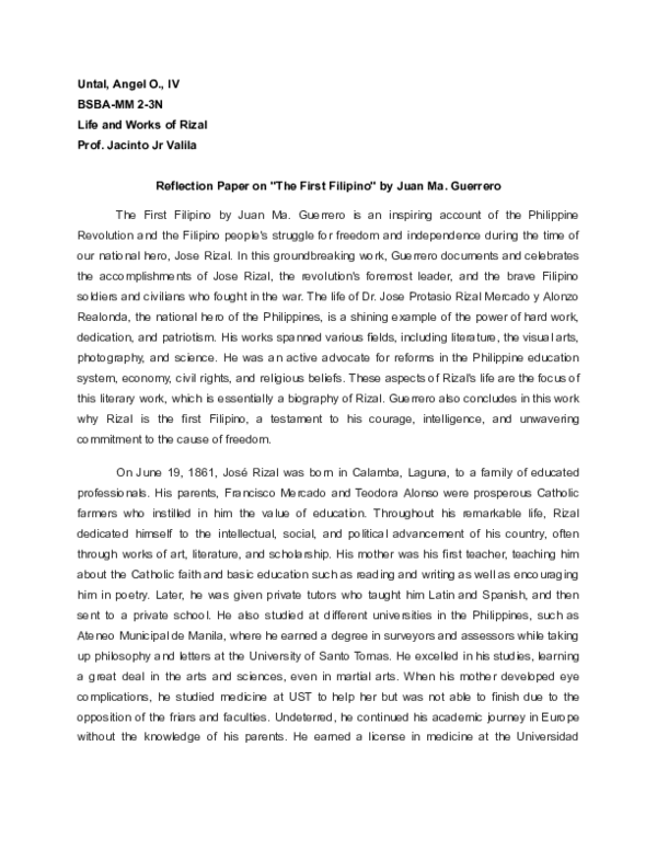 (PDF) Reflection Paper on "The First Filipino" by Juan Ma. Guerrero