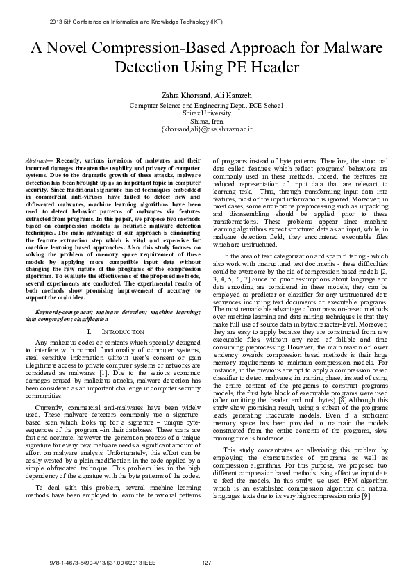 Pdf A Novel Compression Based Approach For Malware Detection Using Pe Header