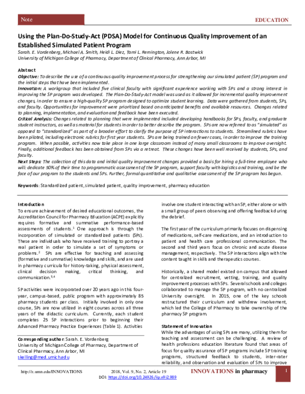 (PDF) Using the Plan-Do-Study-Act (PDSA) Model for Continuous Quality ...