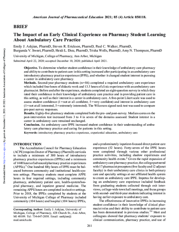 (PDF) The Impact of an Early Clinical Experience on Pharmacy Student Learning About Ambulatory ...